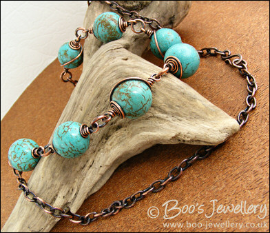 Antiqued copper spiral wrapped chalk turquoise necklace - Hand Crafted ...