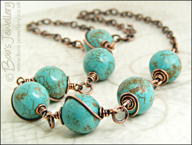 Antiqued copper spiral wrapped chalk turquoise necklace - Hand Crafted ...